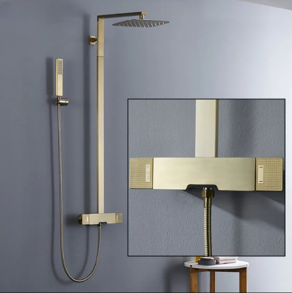 Cara- Brushed gold - Grey Gun exposed thermostatic shower system ...
