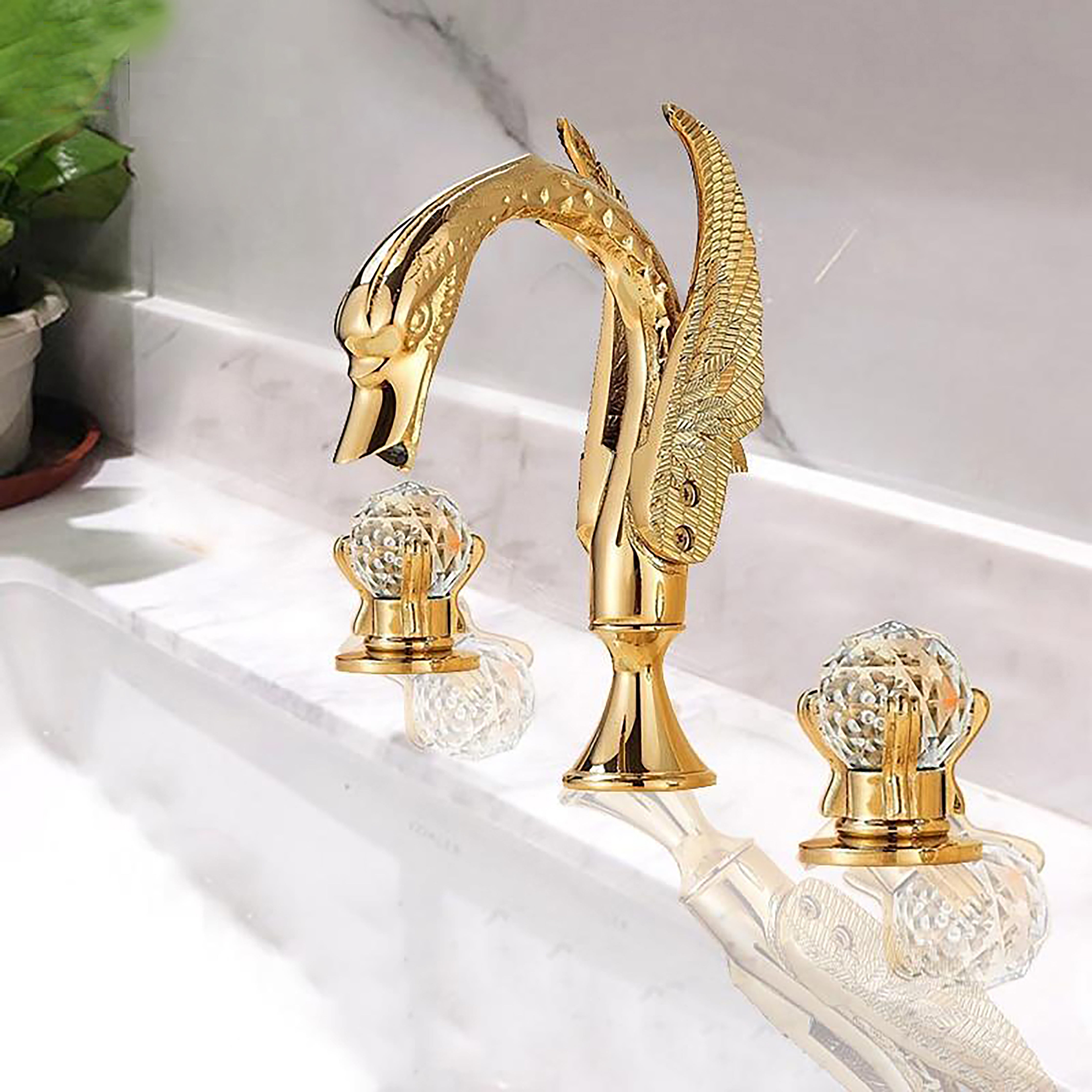 Gold Polished Swan 8 Inch Wide Spread Lavatory Faucet With Crystal Han ...