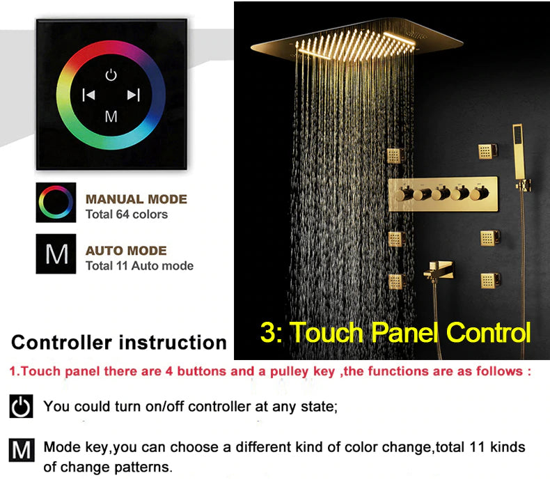 Gold Polished brass-Smart LCD Touch Control Display Shower Spa System ...