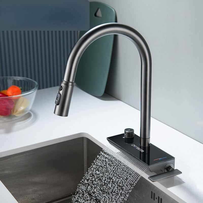 Munich-Grey gun waterfall kitchen LED display faucet with dual pull ou ...