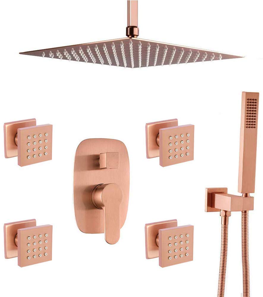 Copper Satin Shower Kit with 12" Rain Shower Head Set and 4 Body Jets ...