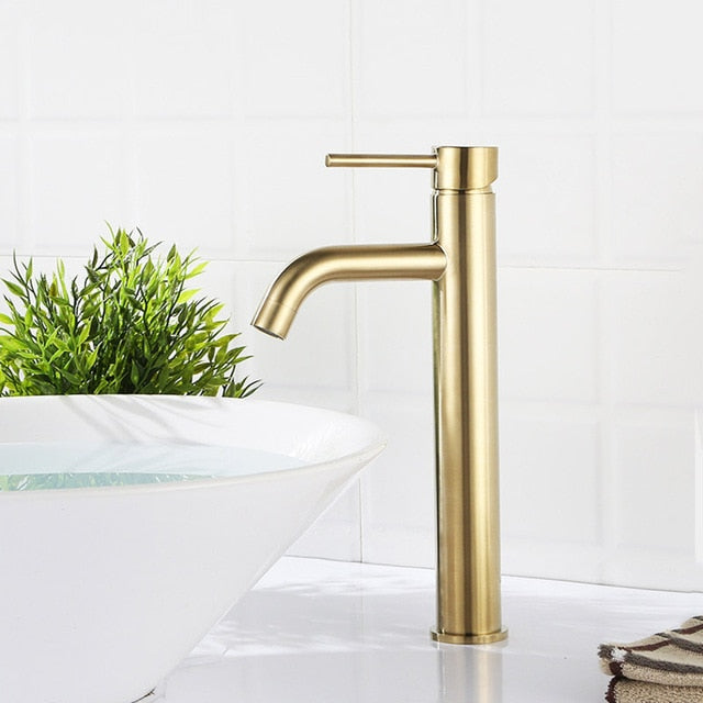 Brushed gold tall and short single hole bathroom faucet – sanicanada